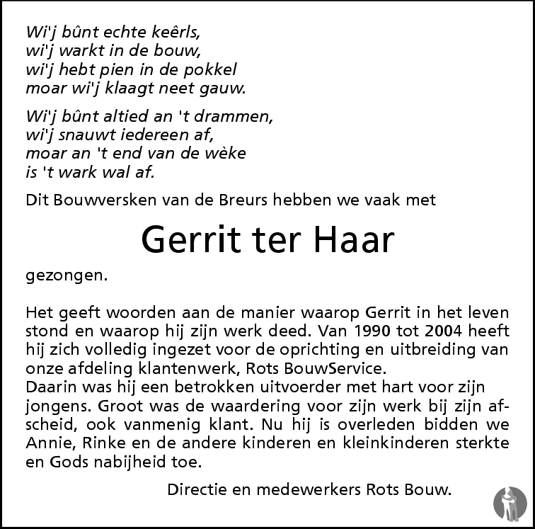 Gerrit ter Haar 17-07-2006 overlijdensbericht en condoleances ...