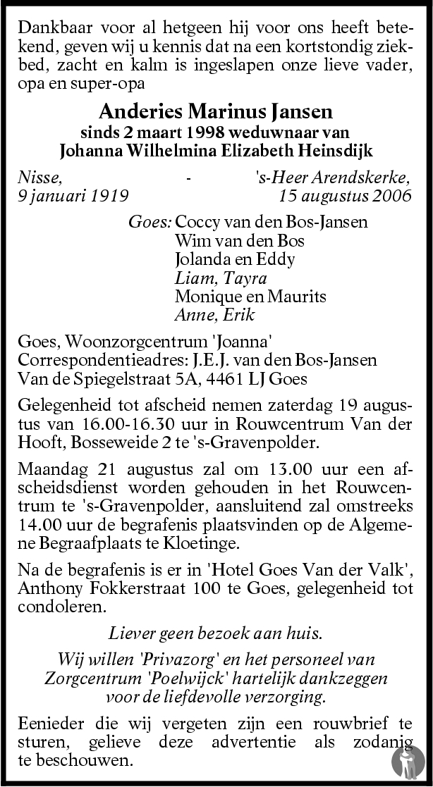 Anderies Marinus Jansen 15-08-2006 overlijdensbericht en condoleances ...