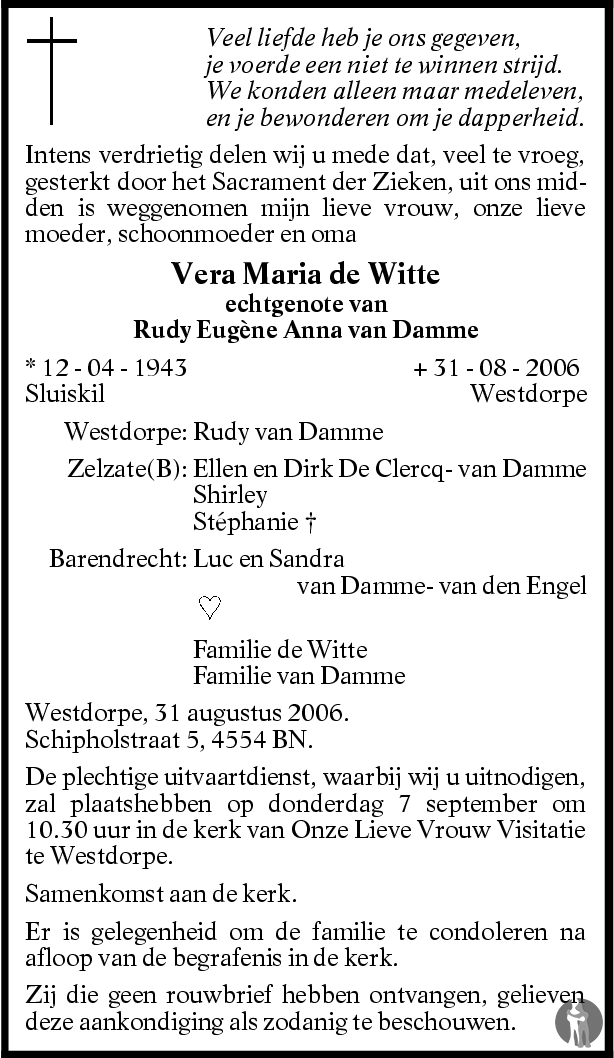 Vera Maria van Damme - de Witte 31-08-2006 overlijdensbericht en ...