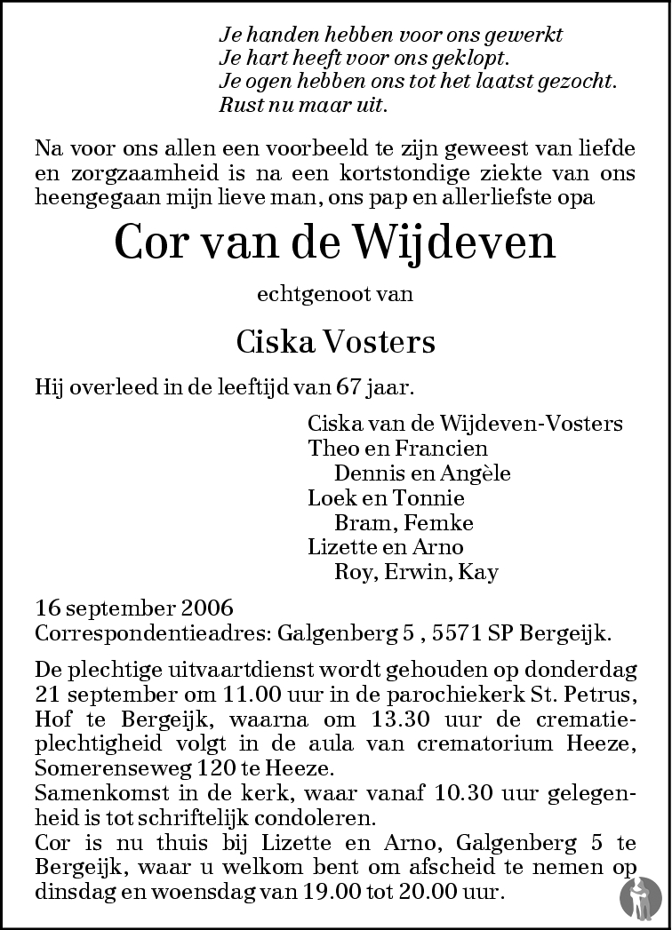 Cor van de Wijdeven 16-09-2006 overlijdensbericht en condoleances ...