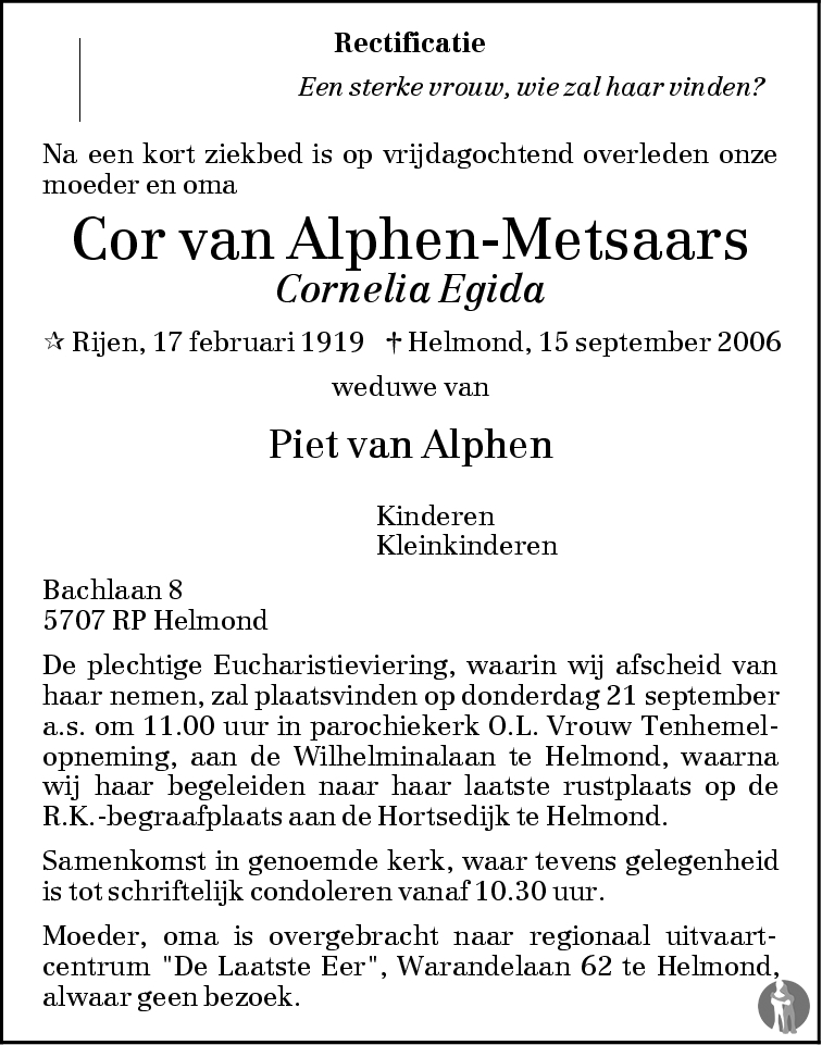 Cor van Alphen - Metsaars 15-09-2006 overlijdensbericht en condoleances ...