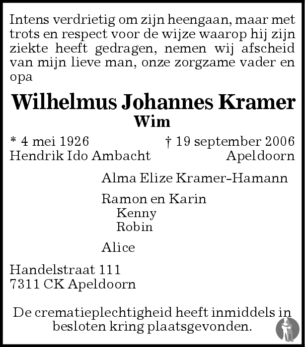 Wilhelmus Johannes (Wim) Kramer 19-09-2006 overlijdensbericht en ...