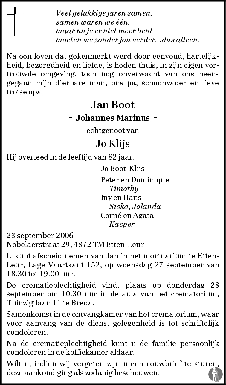 Johannes Marinus (Jan) Boot 23-09-2006 overlijdensbericht en ...