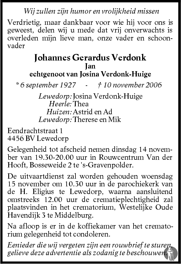 Johannes Gerardus (Jan) Verdonk 10-11-2006 overlijdensbericht en condoleances - Mensenlinq.nl