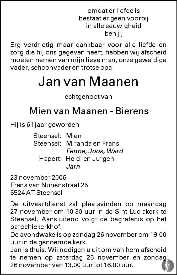 Jan van Maanen 23-11-2006 overlijdensbericht en condoleances - Mensenlinq.nl