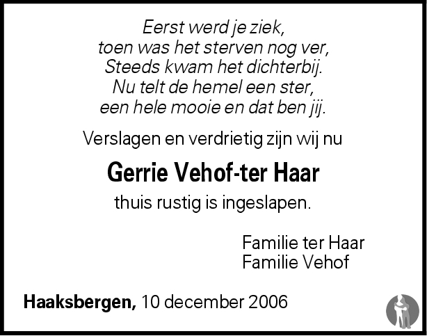 Gerrie Vehof - ter Haar 10-12-2006 overlijdensbericht en condoleances ...