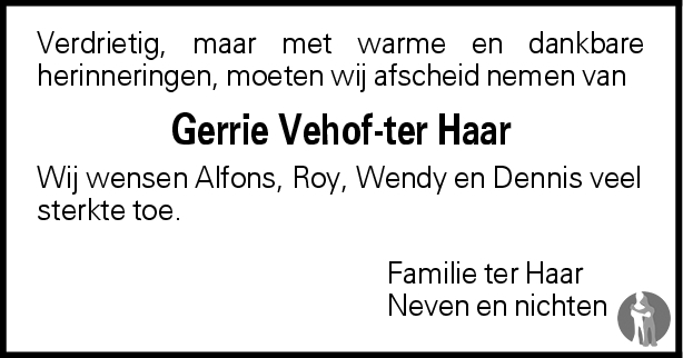 Gerrie Vehof - ter Haar 10-12-2006 overlijdensbericht en condoleances ...