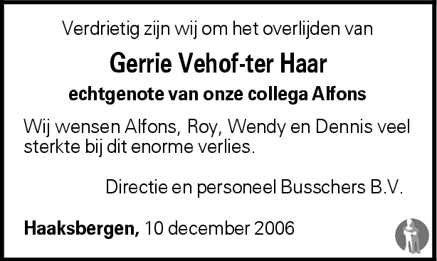 Gerrie Vehof - ter Haar 10-12-2006 overlijdensbericht en condoleances ...