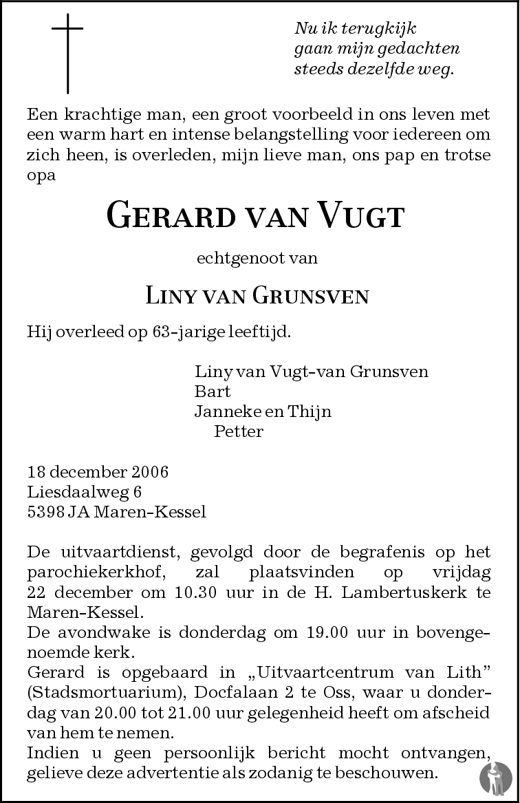 Gerard van Vugt 18-12-2006 overlijdensbericht en condoleances - Mensenlinq.nl