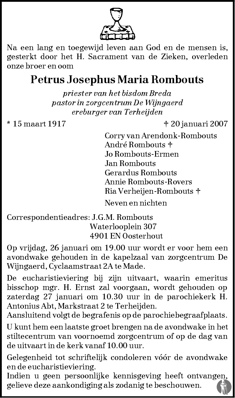 Petrus Josephus Maria Rombouts 20-01-2007 overlijdensbericht en ...
