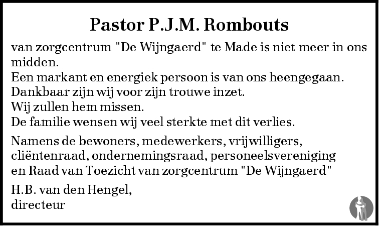Petrus Josephus Maria Rombouts 20-01-2007 overlijdensbericht en ...