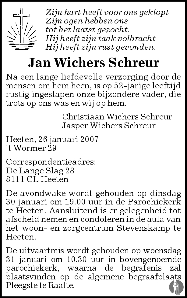 Jan Wichers Schreur 26-01-2007 overlijdensbericht en condoleances ...