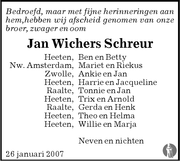 Jan Wichers Schreur 26-01-2007 overlijdensbericht en condoleances ...