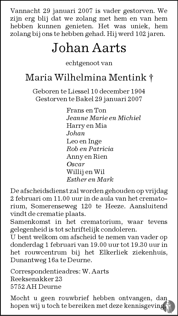 Johan Aarts 29-01-2007 overlijdensbericht en condoleances - Mensenlinq.nl
