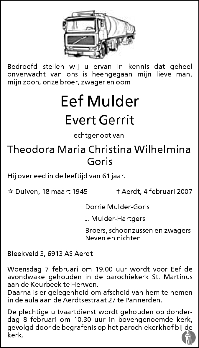 Evert Gerrit (Eef) Mulder 04-02-2007 overlijdensbericht en condoleances ...