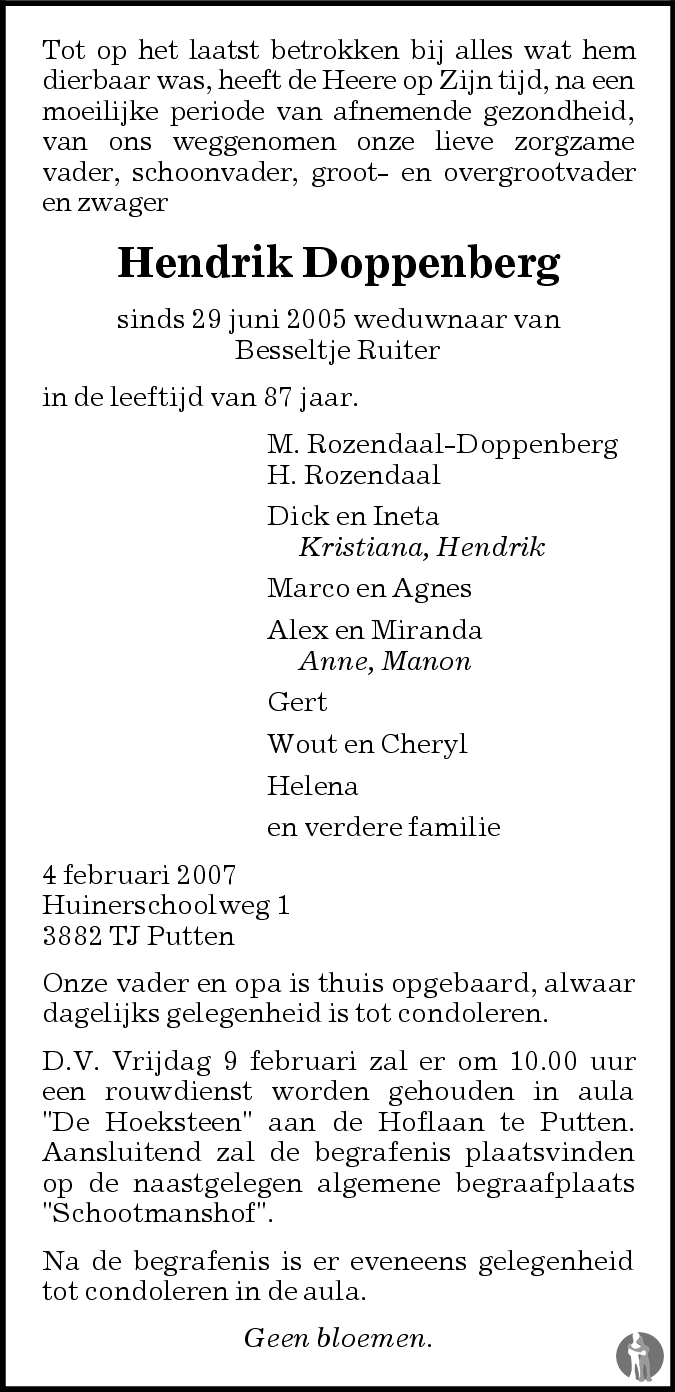 Hendrik Doppenberg 04-02-2007 overlijdensbericht en condoleances ...