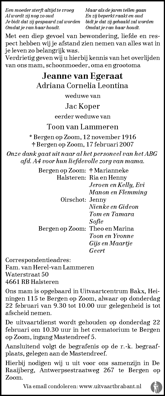 Jeanne van Koper - Egeraat 17-02-2007 overlijdensbericht en ...
