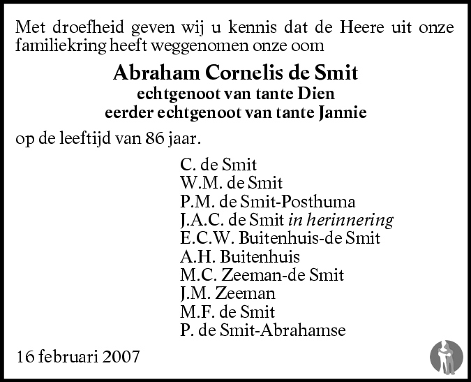 Abraham Cornelis de Smit 16-02-2007 overlijdensbericht en condoleances ...