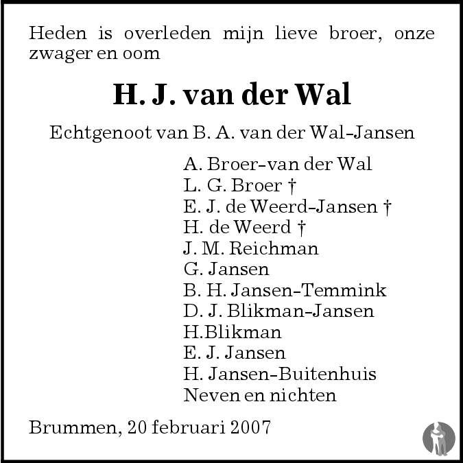 Harmen Jan van der Wal 20-02-2007 overlijdensbericht en condoleances ...