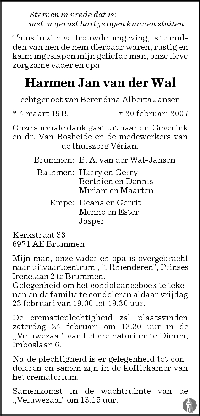 Harmen Jan van der Wal 20-02-2007 overlijdensbericht en condoleances ...