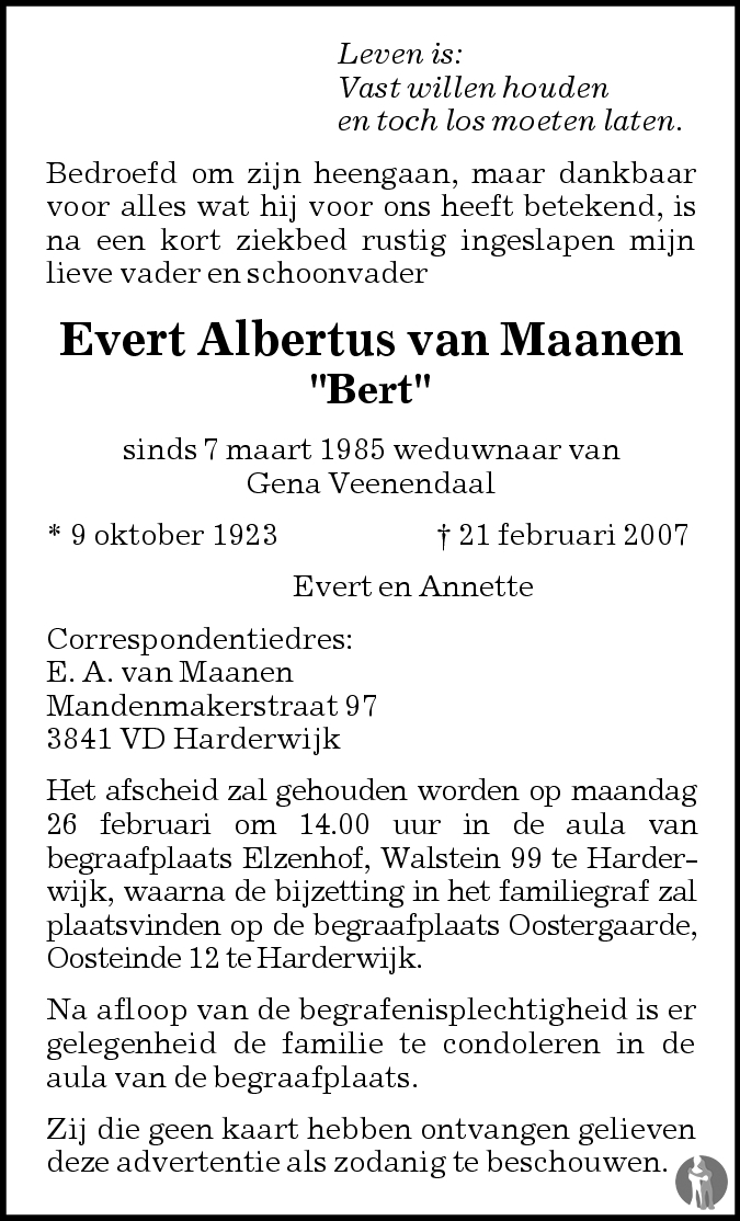 Evert Albertus (Bert) van Maanen 21-02-2007 overlijdensbericht en ...