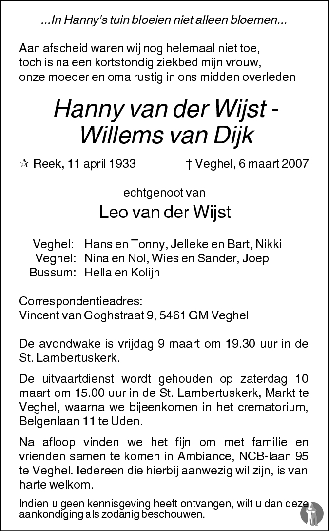 Hanny van der Wijst - Willems van Dijk 06-03-2007 overlijdensbericht en ...