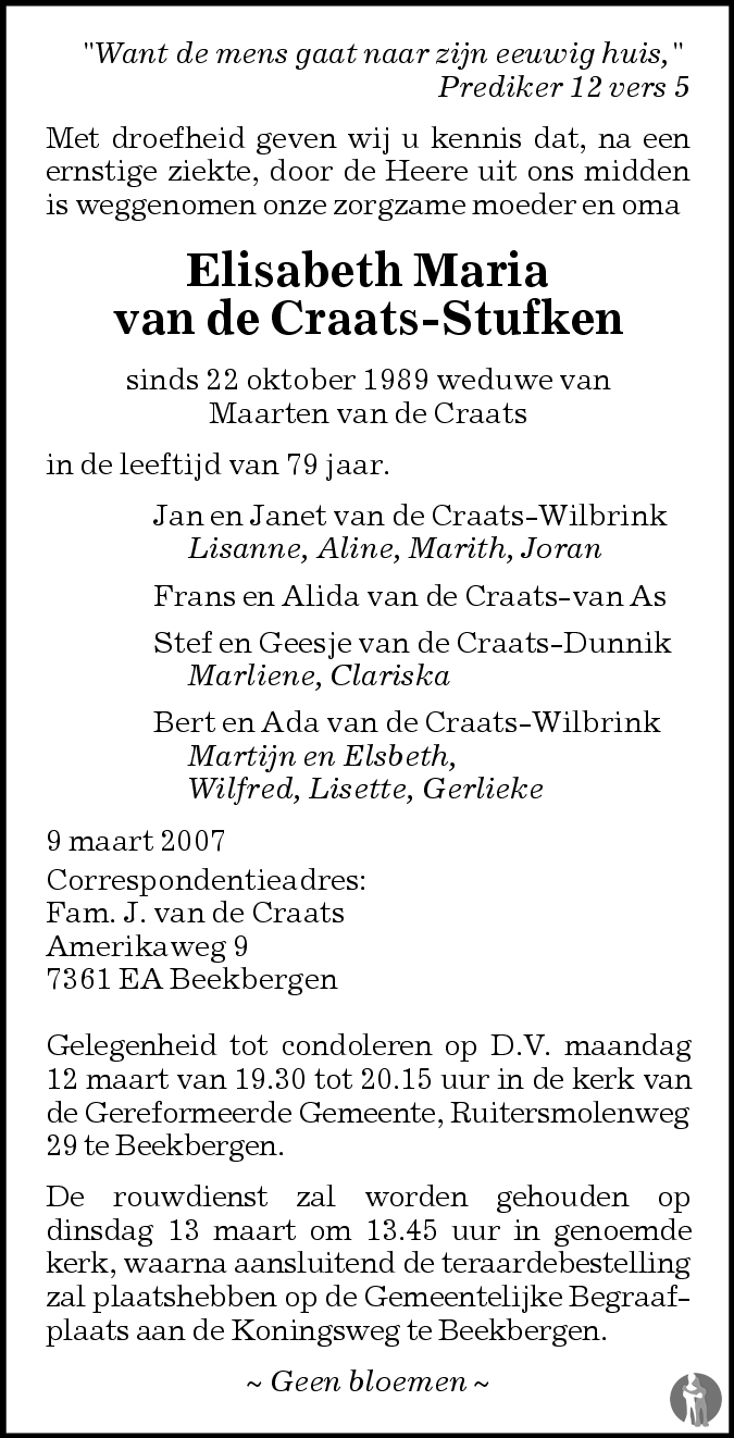 Elisabeth Maria van de Craats - Stufken 09-03-2007 overlijdensbericht ...