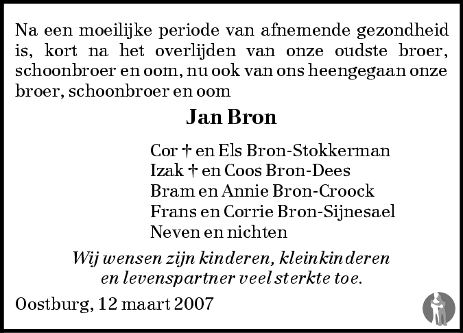 Johannis Cornelis (Jan) Bron 12-03-2007 overlijdensbericht en ...
