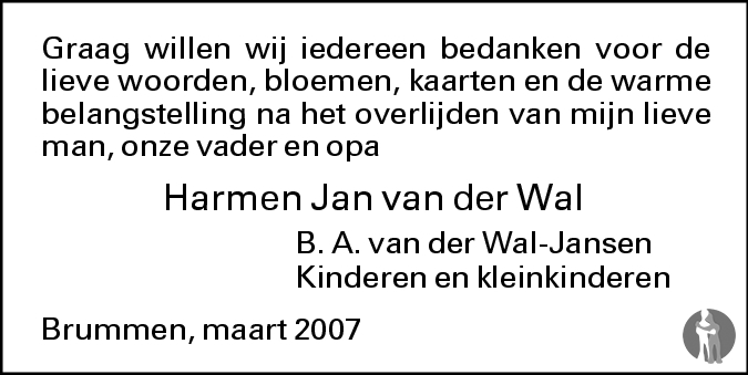 Harmen Jan van der Wal 20-02-2007 overlijdensbericht en condoleances ...