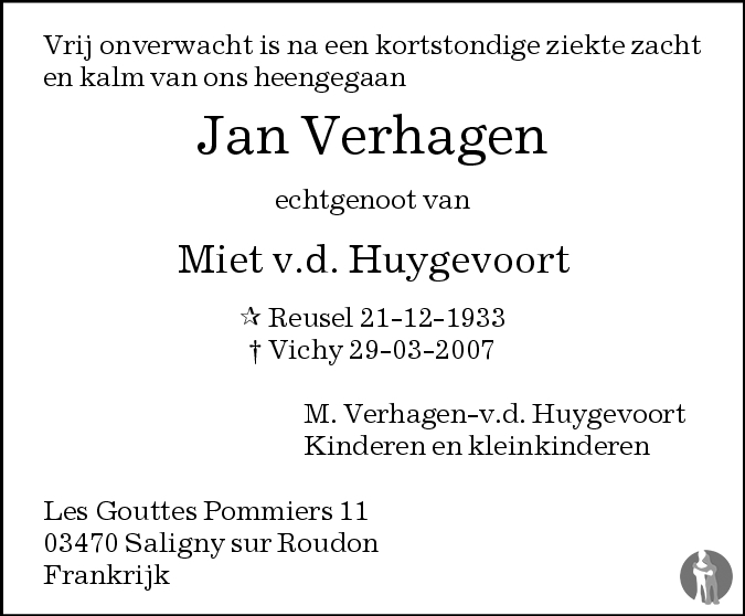 Jan Verhagen 29-03-2007 overlijdensbericht en condoleances - Mensenlinq.nl