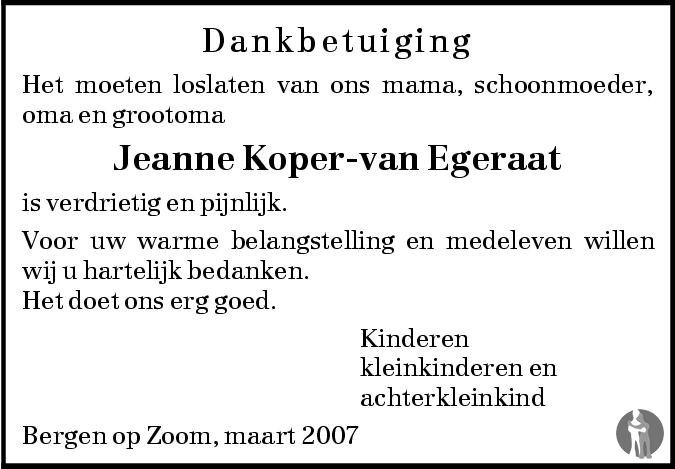 Jeanne van Koper - Egeraat 17-02-2007 overlijdensbericht en ...