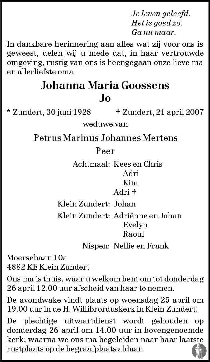 Johanna Maria (Jo) Mertens - Goossens 21-04-2007 overlijdensbericht en ...