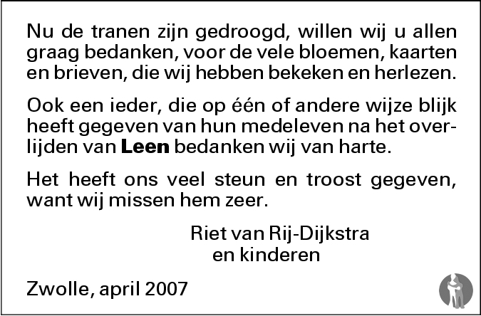 Leendert Marinus (Leen) van Rij 24-03-2007 overlijdensbericht en ...