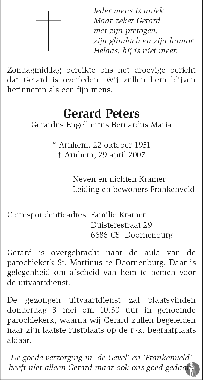 Gerard Peters 29-01-2007 overlijdensbericht en condoleances - Mensenlinq.nl