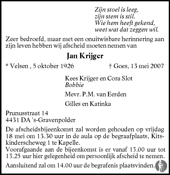 Jan Krijger 13-05-2007 overlijdensbericht en condoleances - Mensenlinq.nl