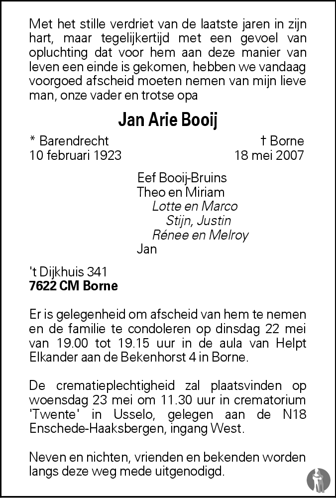 Jan Arie Booij 18-05-2007 overlijdensbericht en condoleances ...