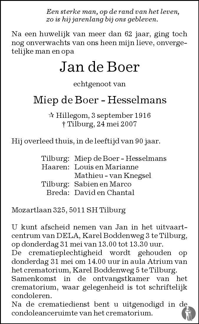 Jan de Boer 24-05-2007 overlijdensbericht en condoleances - Mensenlinq.nl