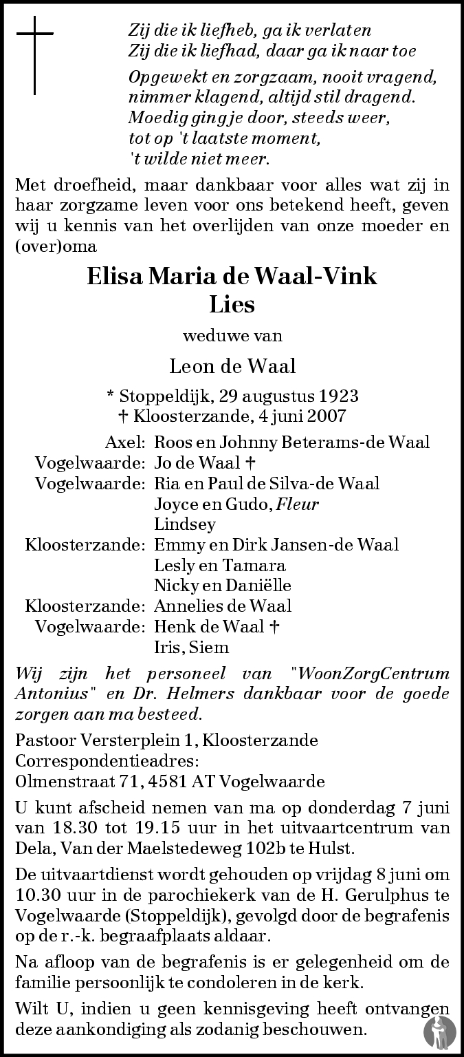 Elisa Maria (Lies) de Waal - Vink 04-06-2007 overlijdensbericht en ...