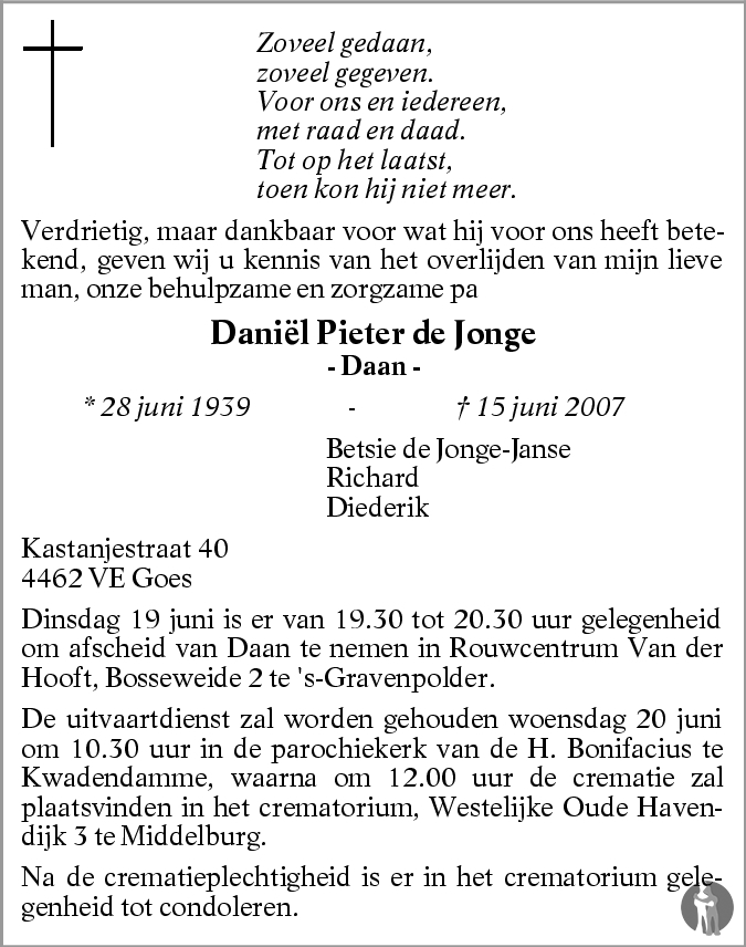 Daniёl Pieter (Daan) de Jonge 15-06-2007 overlijdensbericht en ...