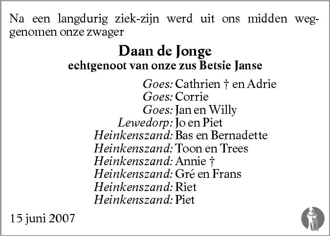 Daniёl Pieter (Daan) de Jonge 15-06-2007 overlijdensbericht en ...