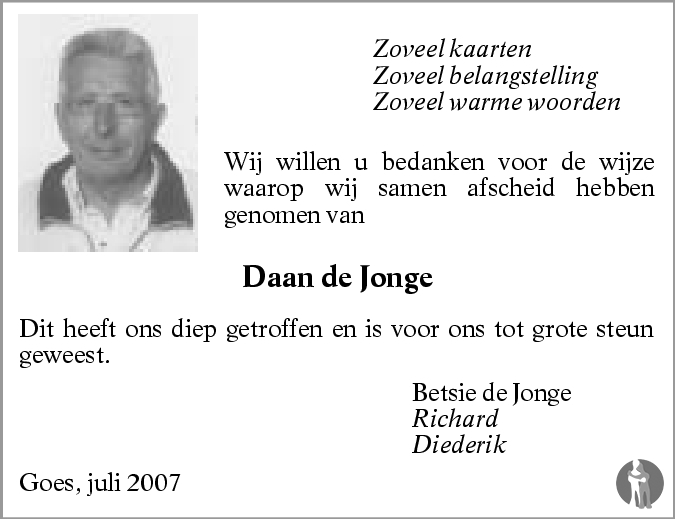 Daniёl Pieter (Daan) de Jonge 15-06-2007 overlijdensbericht en ...