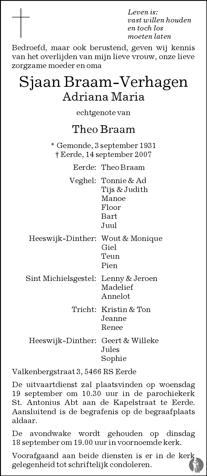 Adriana Maria (Sjaan) Braam - Verhagen 14-09-2007 overlijdensbericht en ...