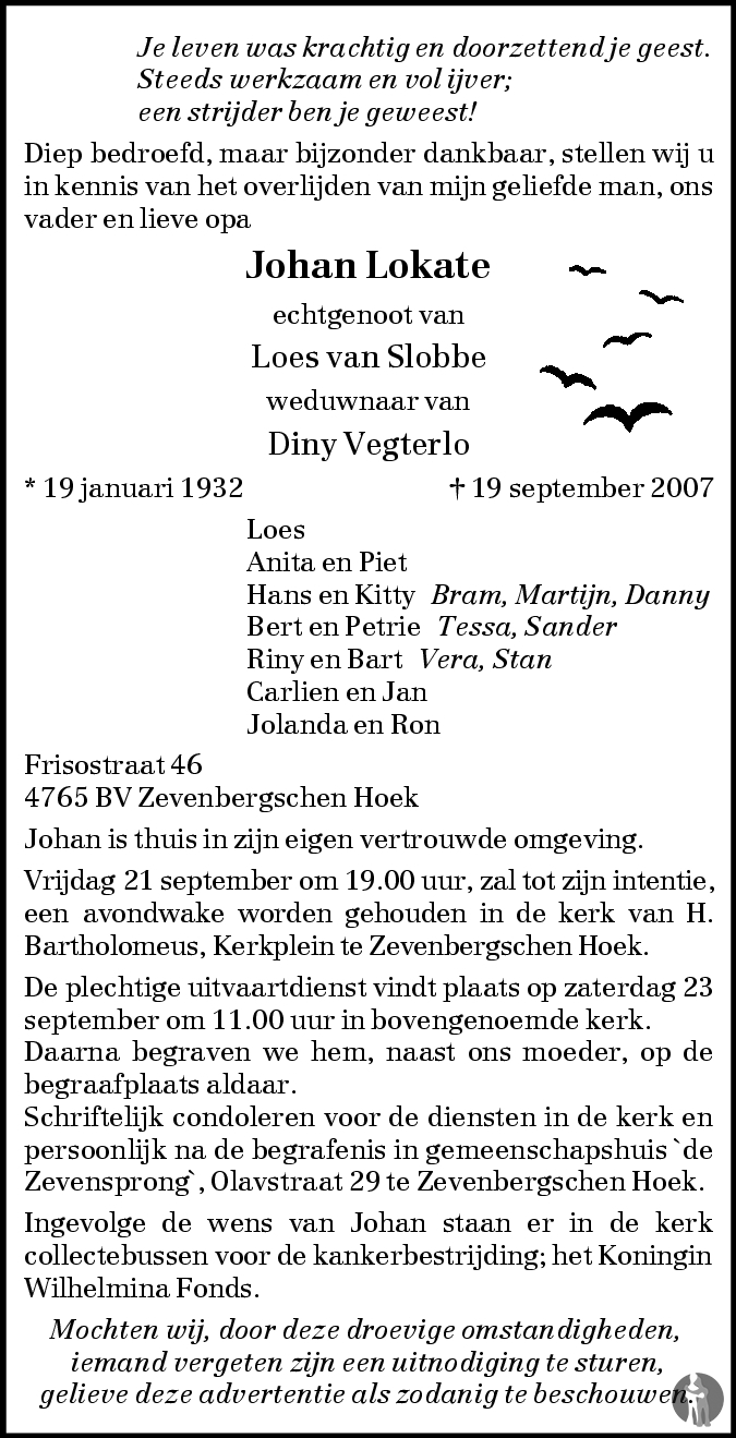 Johan Lokate 19-09-2007 overlijdensbericht en condoleances - Mensenlinq.nl