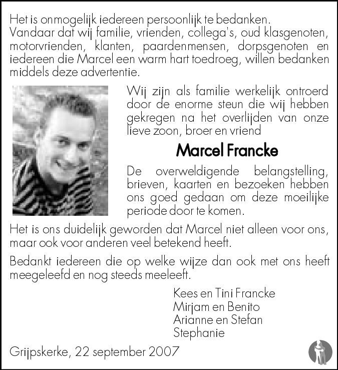 Marcel Francke 02-08-2007 overlijdensbericht en condoleances ...