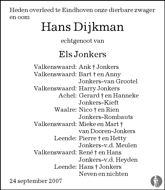 Hans Dijkman 24-09-2007 overlijdensbericht en condoleances - Mensenlinq.nl