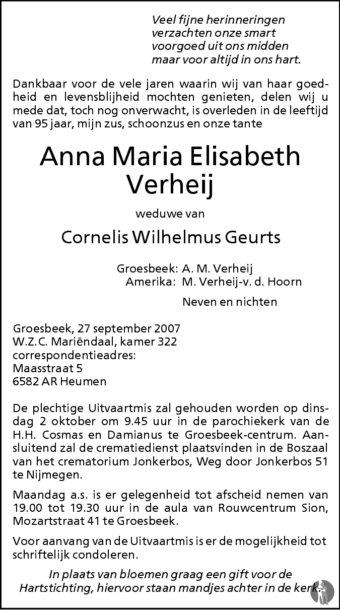 Anna Maria Elisabeth Geurts - Verheij 27-09-2007 overlijdensbericht en ...