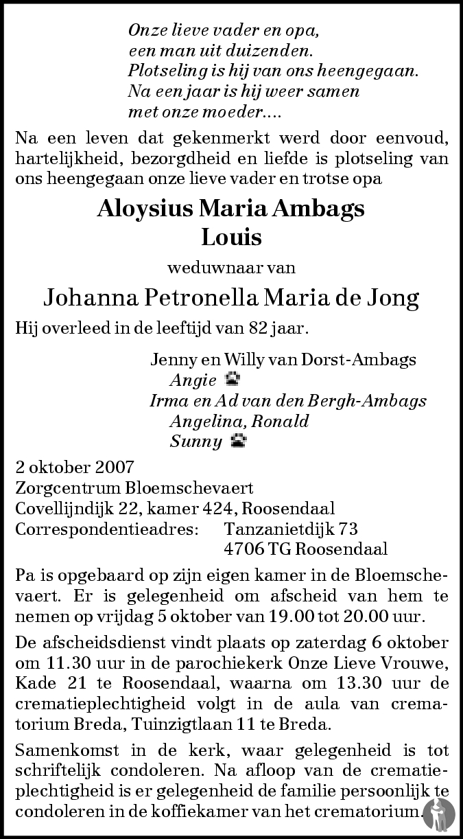 Aloysius Maria (Louis) Ambags 02-10-2007 overlijdensbericht en ...