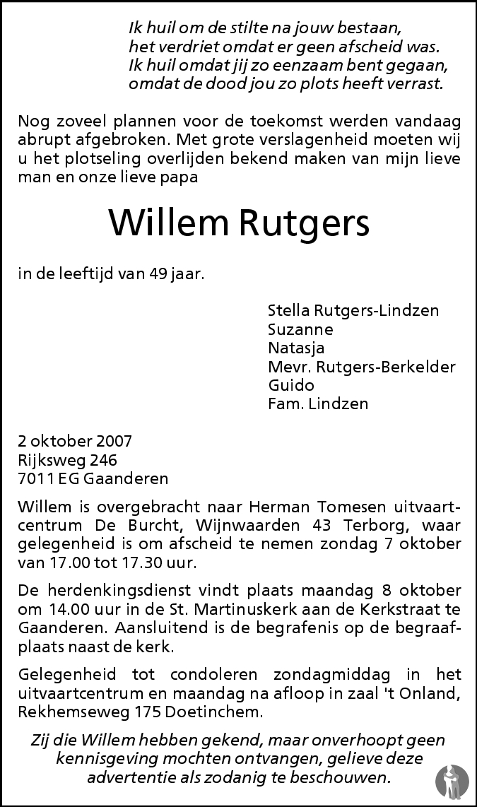 Willem Rutgers 02-10-2007 overlijdensbericht en condoleances ...