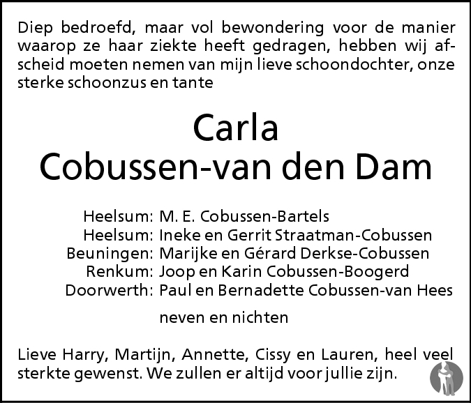 Carla Cobussen - van den Dam 04-10-2007 overlijdensbericht en ...