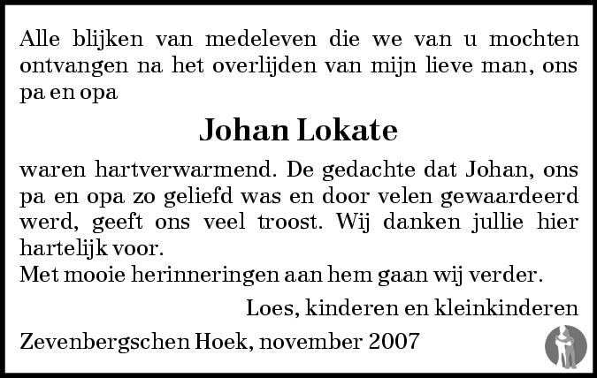 Johan Lokate 19-09-2007 overlijdensbericht en condoleances - Mensenlinq.nl